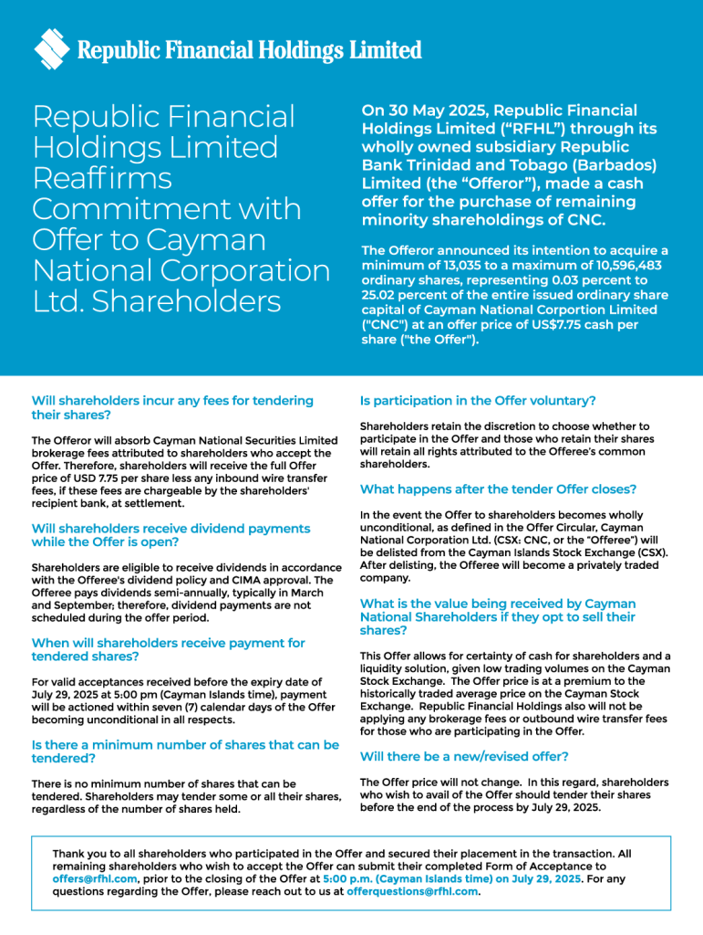Cash Offer Cayman National Corporation - RFHL